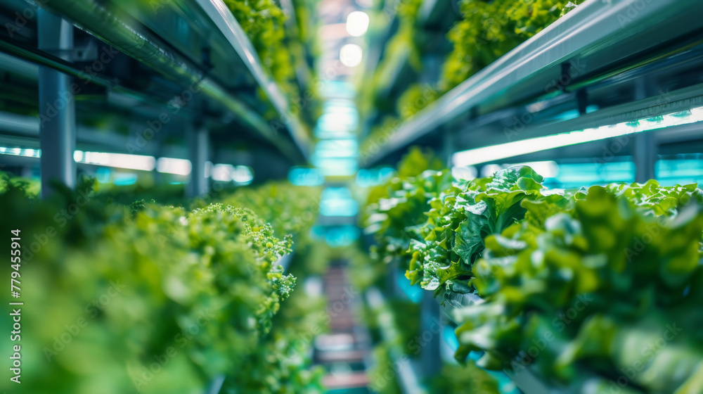Vertical farm facility, showcasing rows of leafy greens and herbs ...