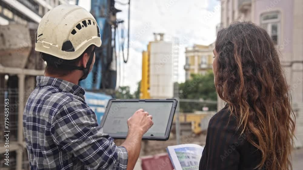 Engineer constructor discuss build plan with investor woman. Builder ...