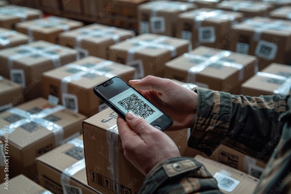 A person is using a smartphone to scan the QR code on a parcel in a ...