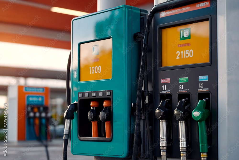 Close-up of colorful fuel gasoline dispenser in urban gas station ...