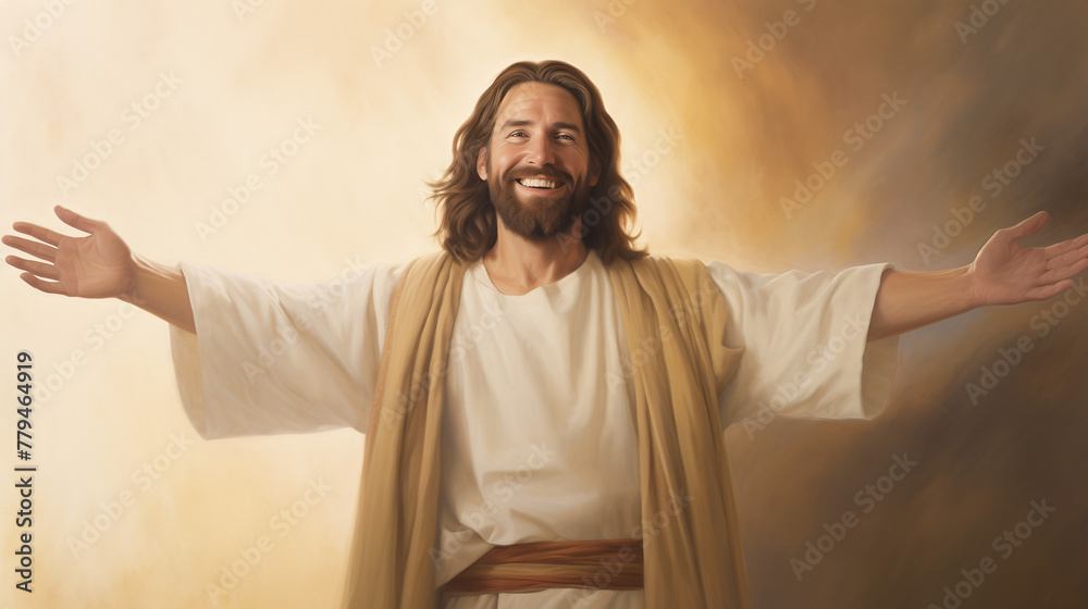 Jesus with a loving smile, hold His arm out in love Stock Photo | Adobe ...