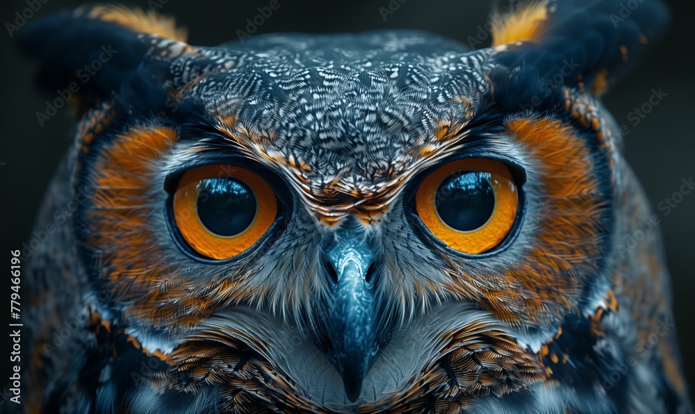 A close up of an Eastern Screech owls face reveals large orange eyes ...