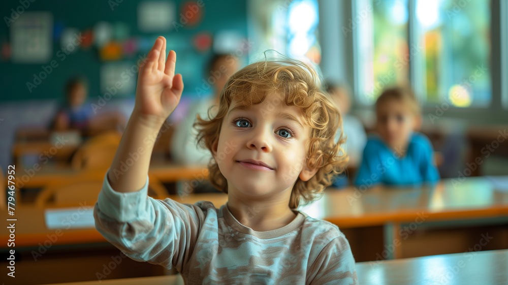Primary school education. A child stretches his hand up in class. an ...