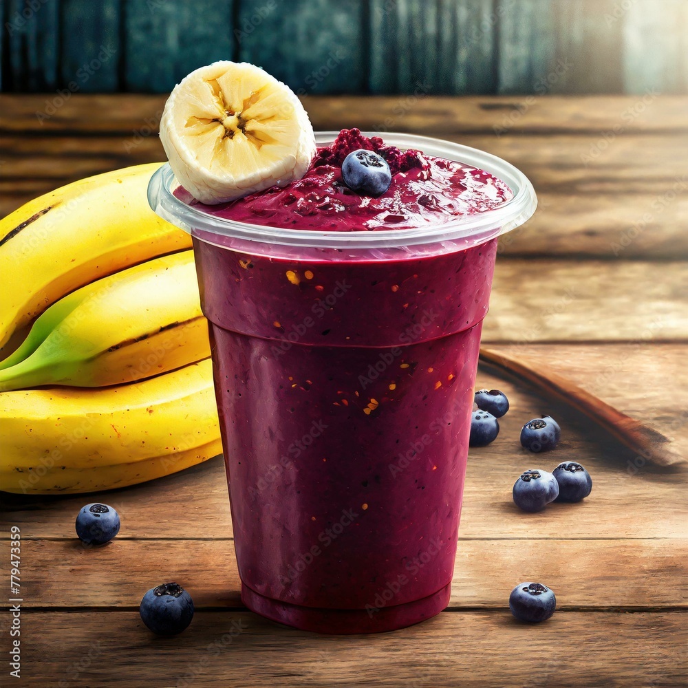 Ilustração 3D de Açaí batido com banana em um copo de plástico. Fundo ...