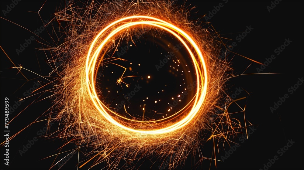 Fiery spark circle on a dark field. Dynamic ring of fire and flying ...
