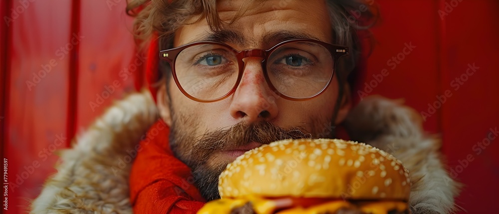 A caricature of a gluttonous man feasting on fast food at a restaurant ...