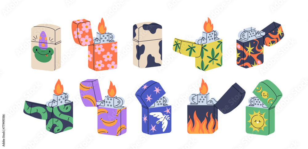 Trendy lighters set. Cigarette lighting accessory in colorful modern ...