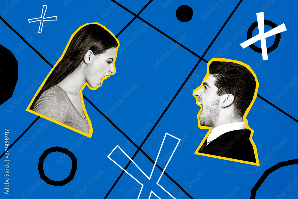 Sketch image composite artwork collage of silhouette young angry couple ...