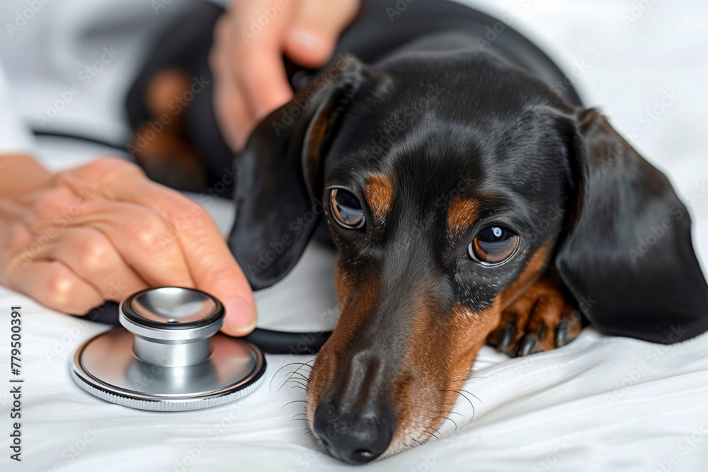 Dachshund, sick veterinarian laying on a hospital hand holding a ...