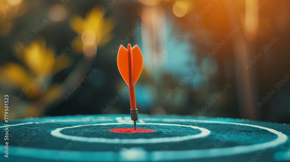 A close-up view of a sharp dart perfectly hitting the bullseye on a ...