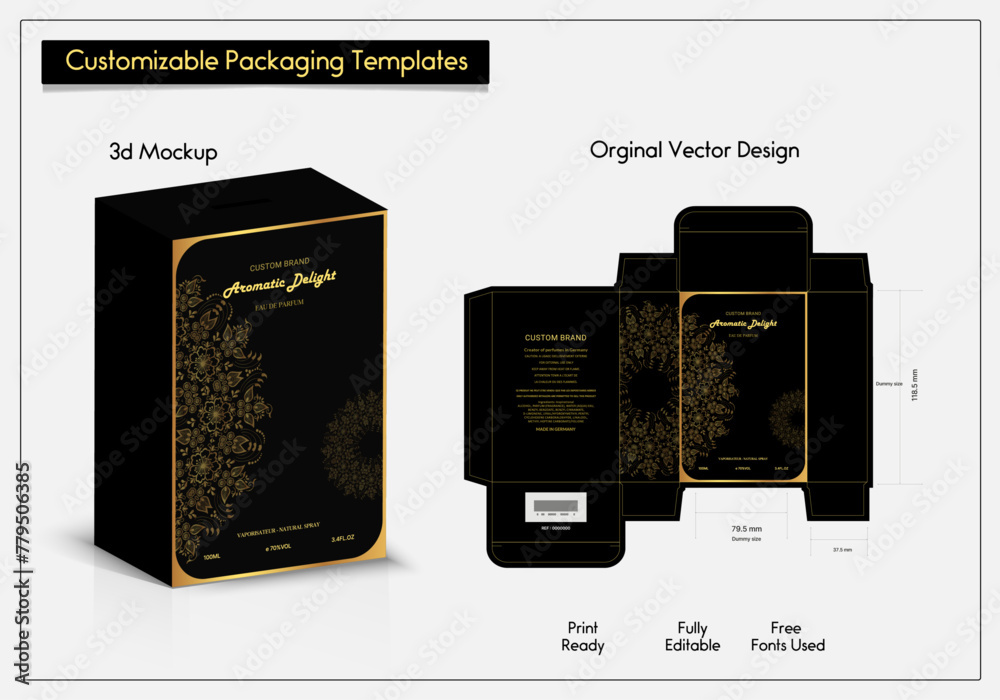 product package box die cut with 3d mockup design elements, labels ...