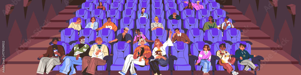 Different groups of friends watching movie front view. People sit on ...