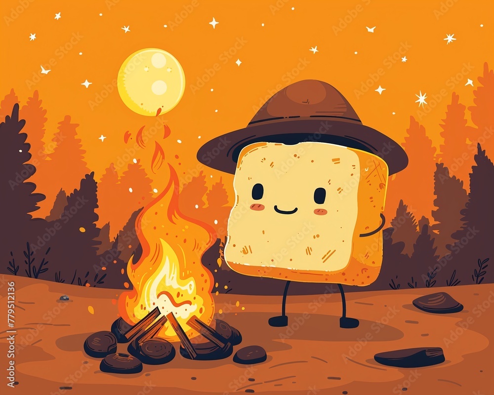 Happy smore cartoon, marshmallow with a campfire hat, solid orange ...