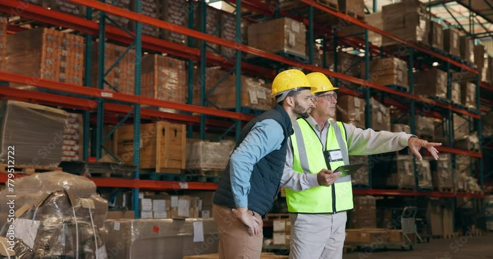 Manager, tablet and men in warehouse for stock inspection, digital ...