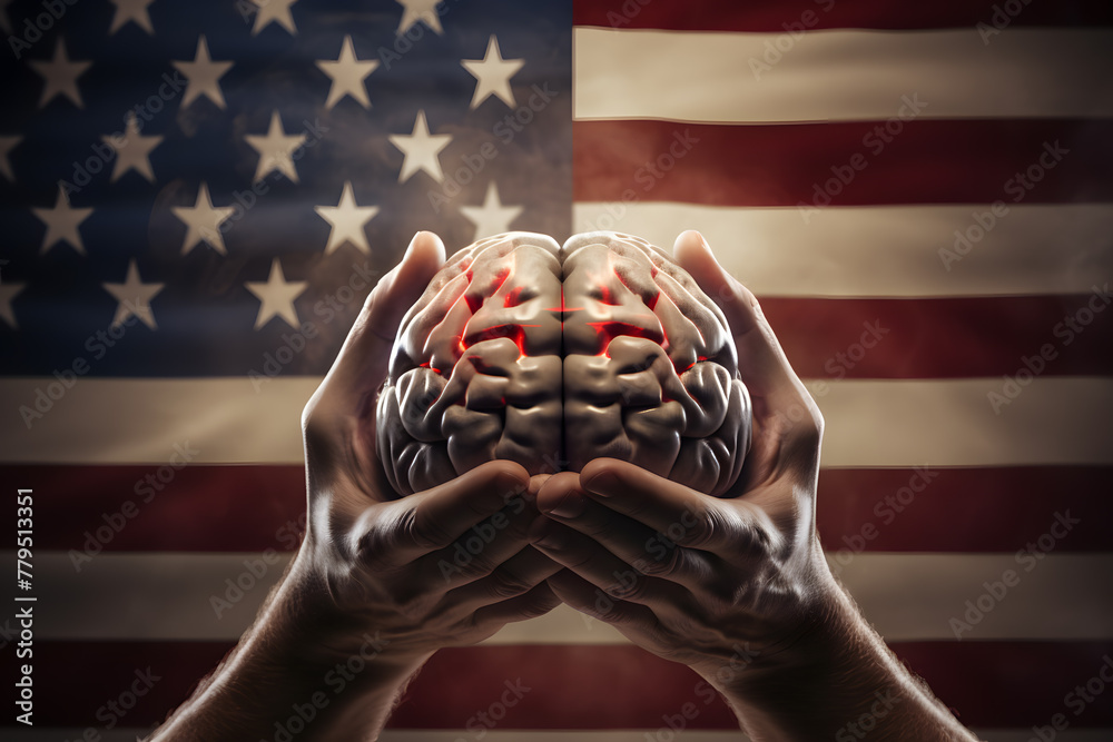 The brain is a human organ in hand palm painted in the usa american ...