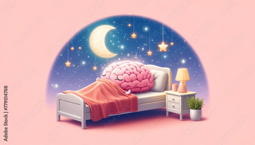 Illustration of a brain sleeping in bed under starry night sky with ...
