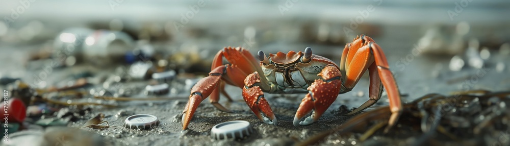 Crab on beach littered with bottle caps, sea, marine, environment ...