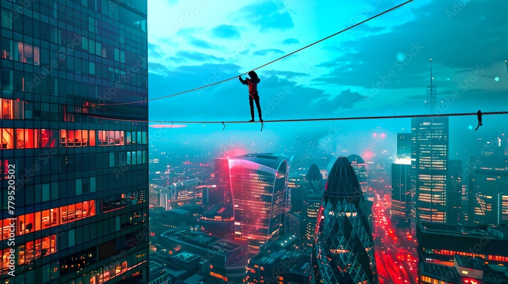 Thrilling Highwire Walk Over Illuminated Futuristic Cityscape. A Daring ...