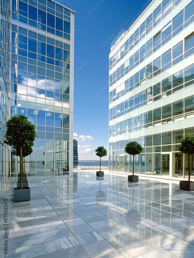 A large building with two glass towers and a courtyard in between. The ...