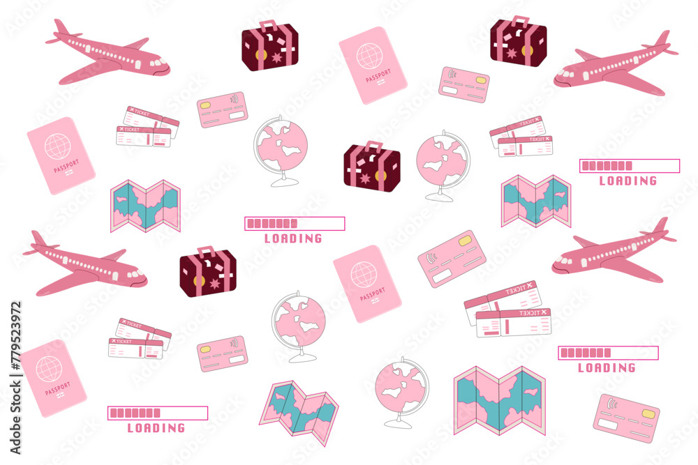 Vector summer illustration, set of cute pink travel icons, travel and ...