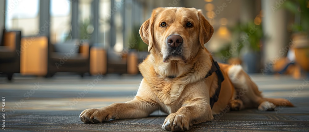 Guide dog in harness helps disabled worker in modern office. Concept ...