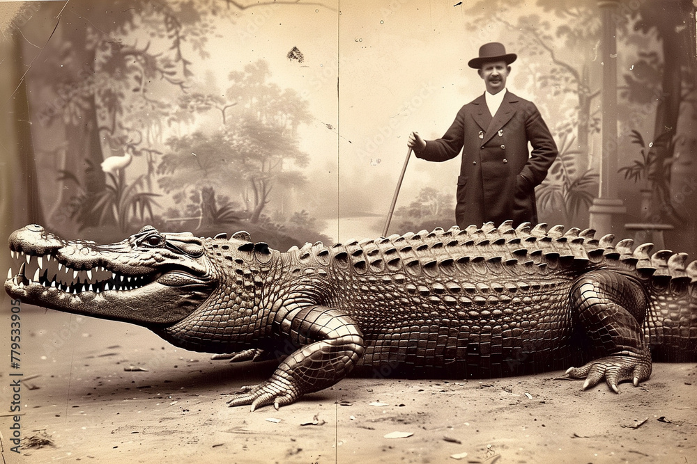 Old vintage 19th century photograph of a giant crocodile and zookeeper ...