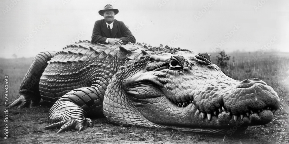 Old vintage 19th century photograph of a giant man-eater crocodile and ...