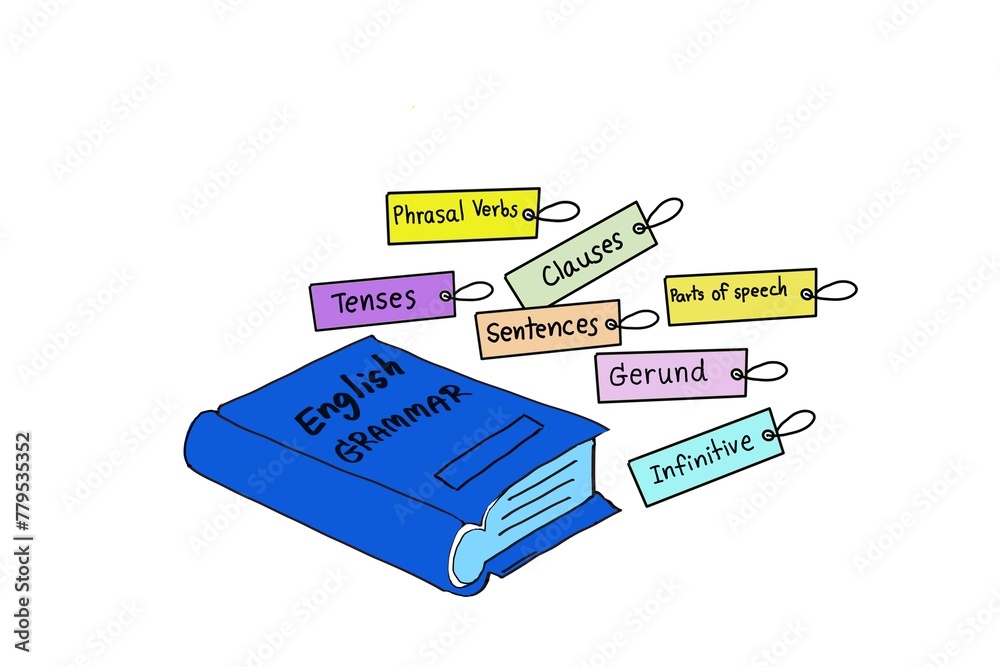 Hand drawn picture of English Grammar book, colorful tags showing type ...