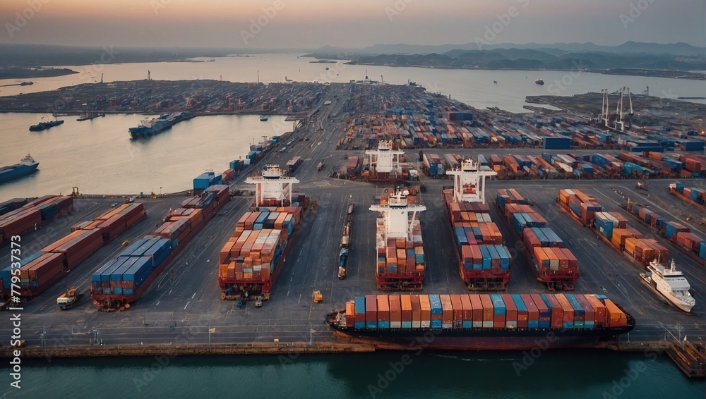 Container ship at anindustrial port in import export business logistic ...