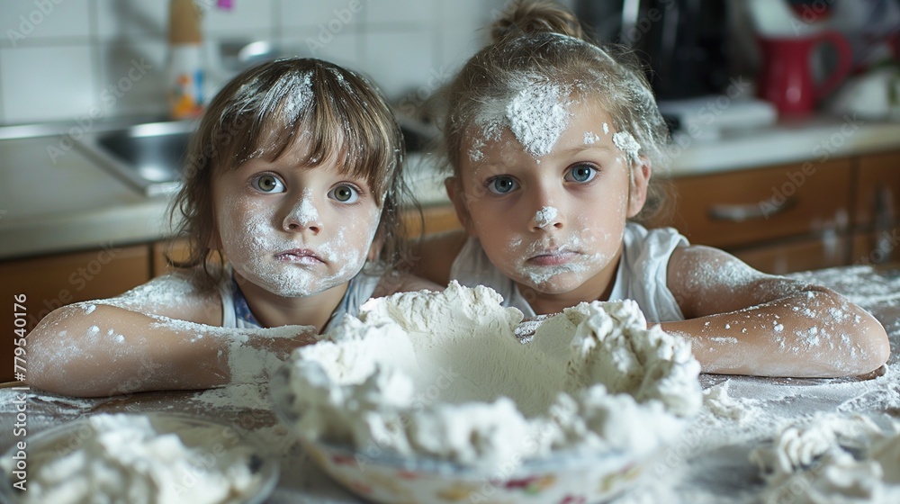 Two children with tousled hair leaning on the kitchen counter covered ...