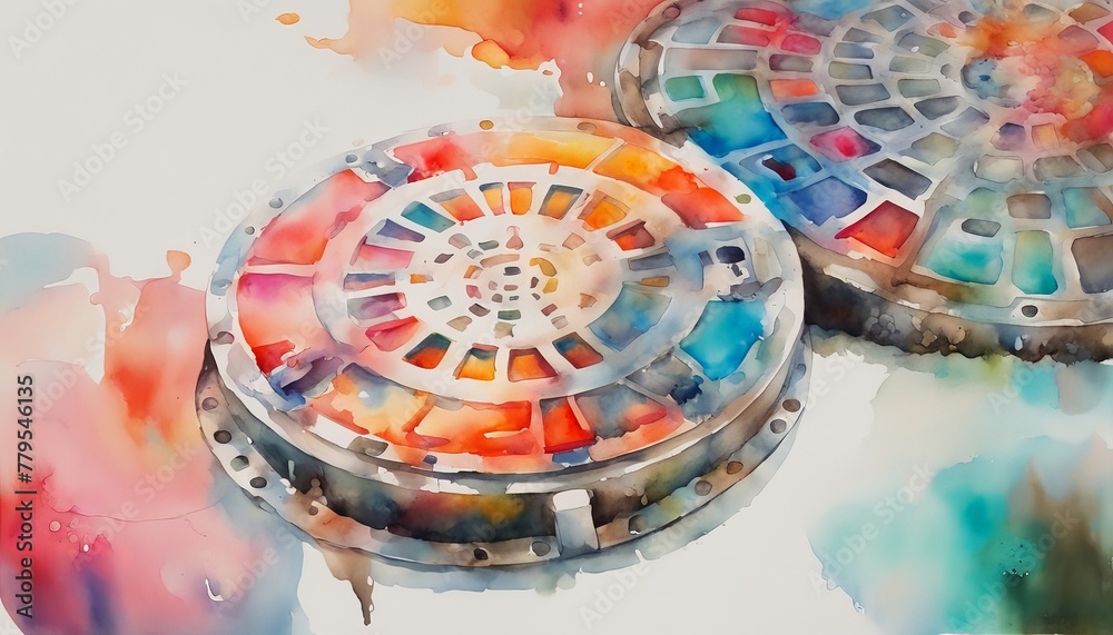 Colorful watercolor painting of manhole covers with vibrant, abstract ...