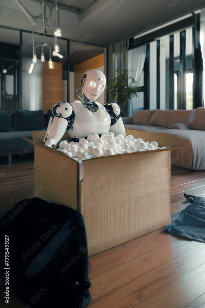 A friendly-looking white humanoid robot emerges from its box in the ...