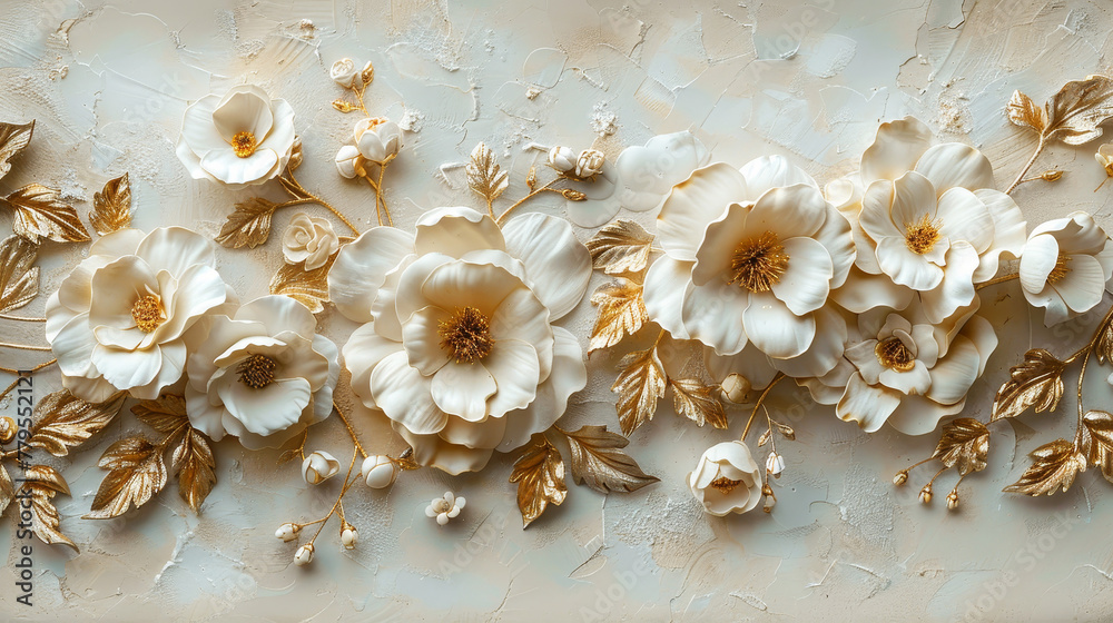 Elegant floral bas-relief on plaster wall with a luxury texture design ...