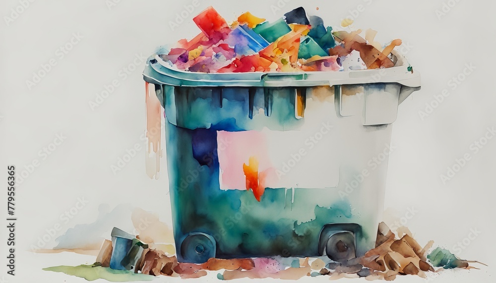 Colorful watercolor illustration of an overflowing garbage bin ...