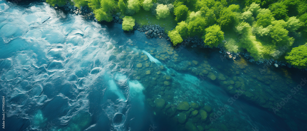 Serenity of the flowing water. A mesmerizing aerial view showcases a ...