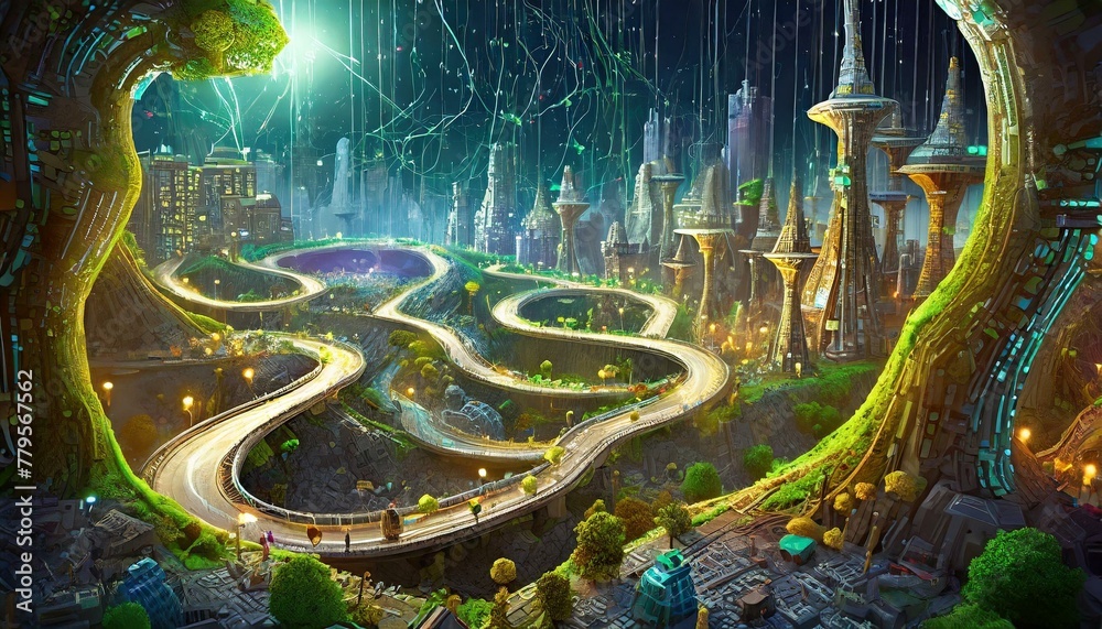 Depict a microbial city in the soil, a complex network of fungal hyphae ...