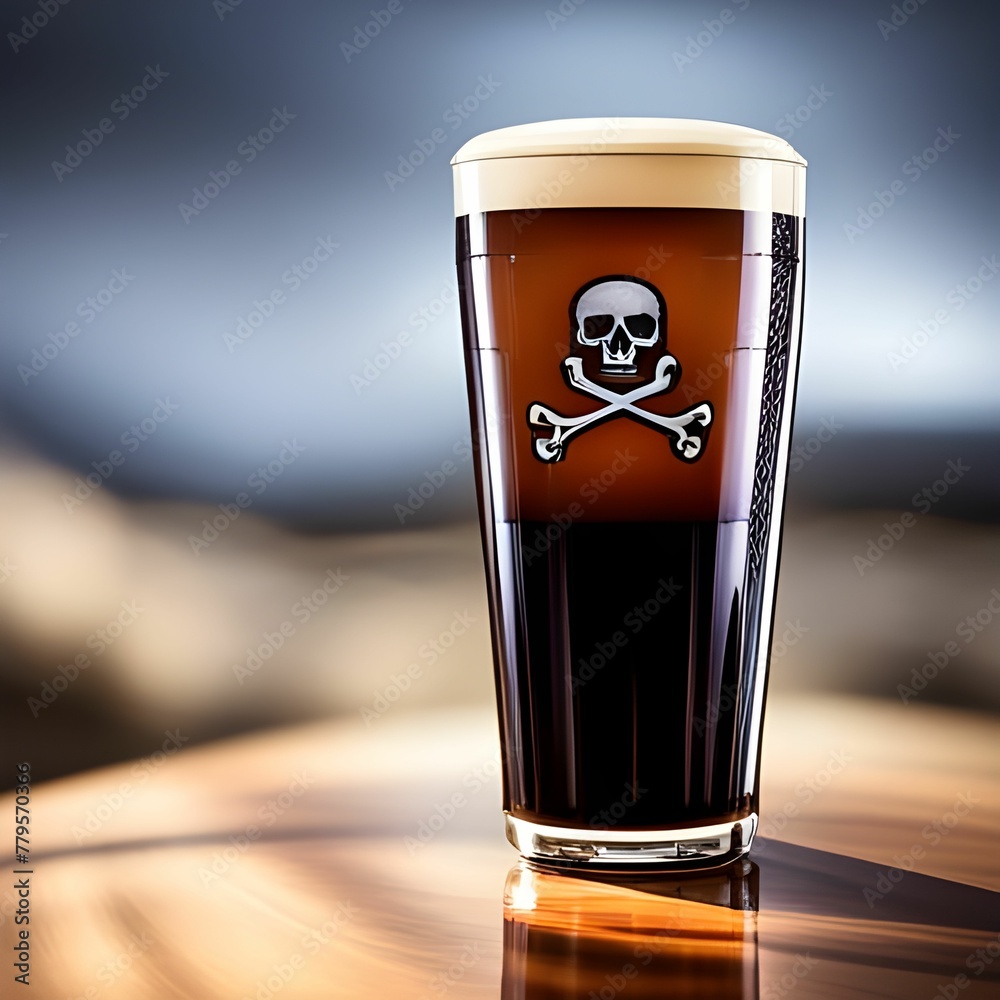 AI generated illustration of a tall, frosty glass of beer with a skull ...