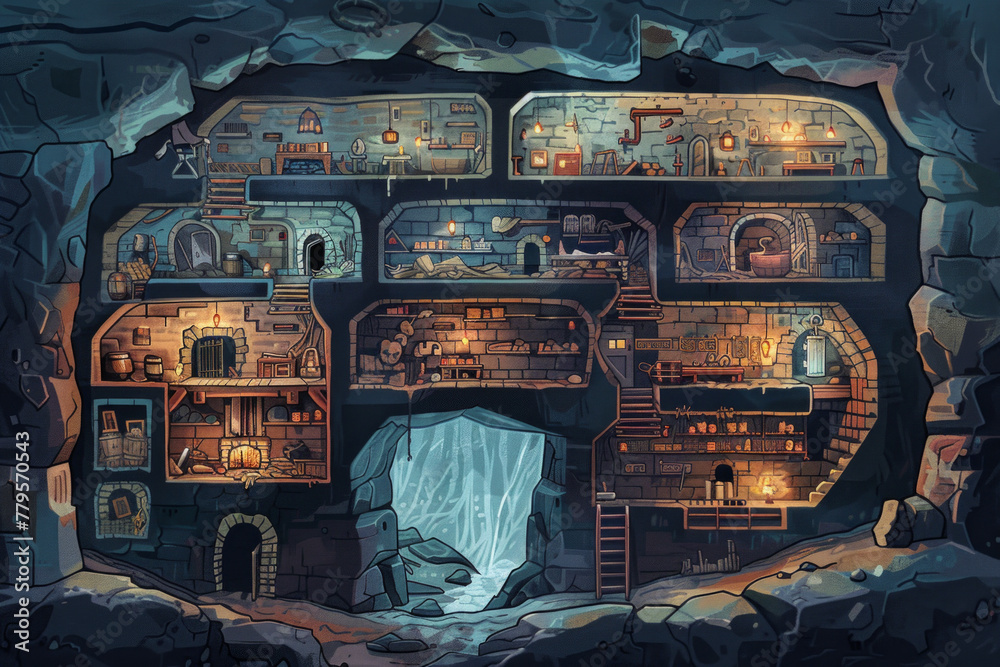 A 2D retro rpg game style of a cross-section of a dungeon with various ...