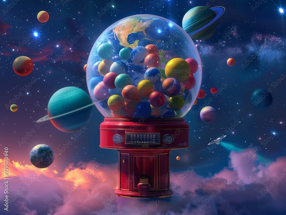 A giant gumball machine floating in space, dispensing planets and moons ...
