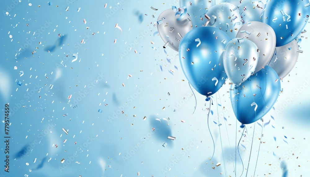 Happy birthday background with blue and silver balloons and confetti on ...