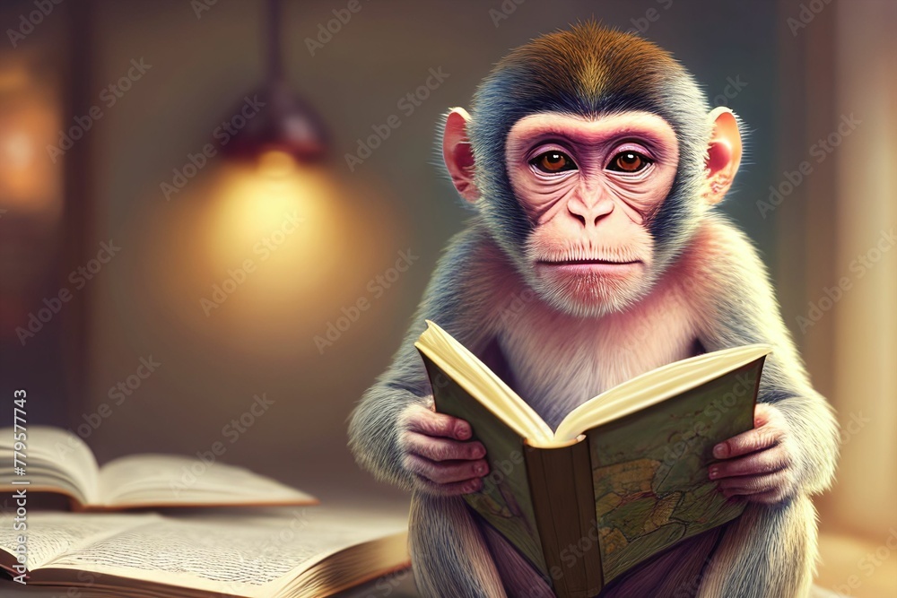 AI generated illustration of an adorable baby chimp reading a book ...