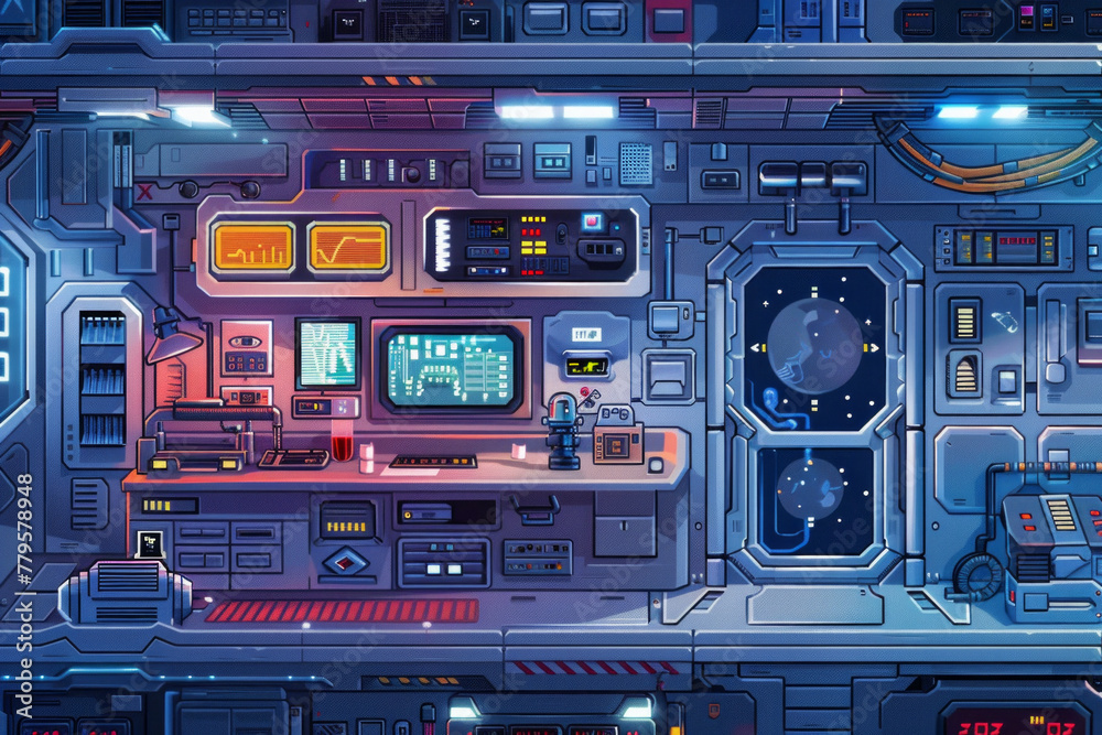 A 2D retro rpg game style of a cross-section of a spaceship with ...