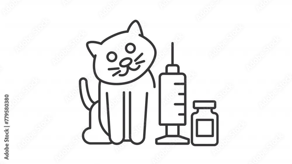 Cat vaccination line animation. Animated kitten and medical syringe icon. Vet clinic service ...