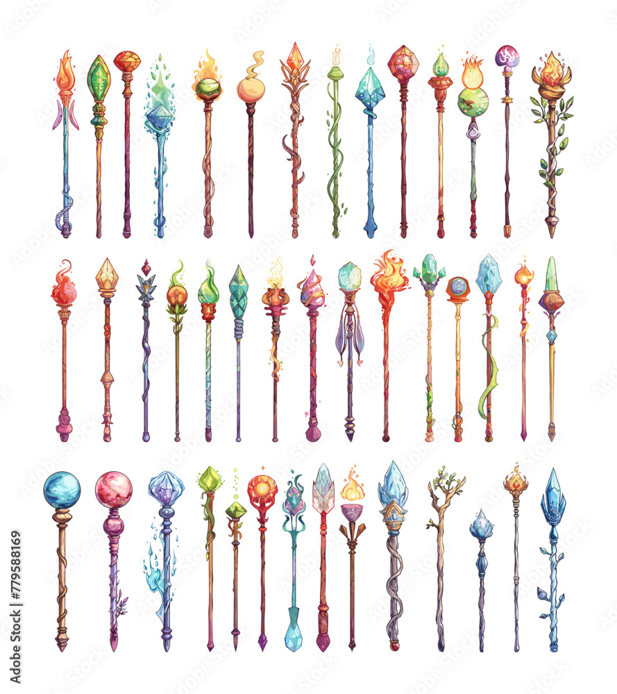Magic staffs cartoon vector set. Wands witch tree crystals fire ice ...
