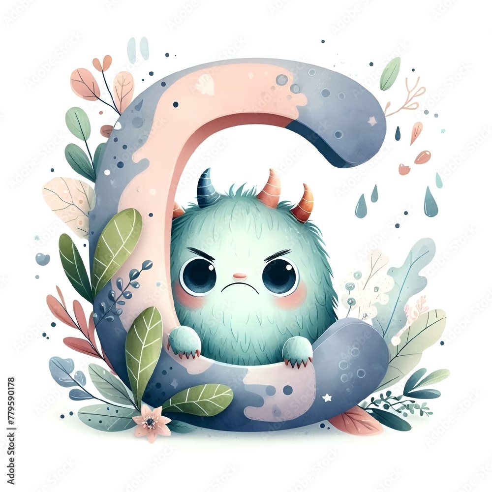 Charming Grumpy Monster and Pastel Letter "C" - AI generated digital ...
