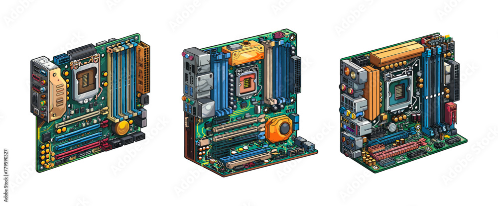 Motherboards cartoon vector set. Computer microelectronics modern pc components processor ...