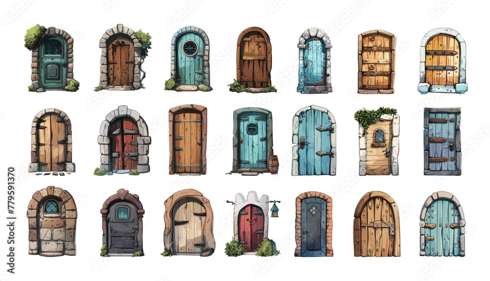 Old doors cartoon vector set. Wooden medieval metal hinges handle ...