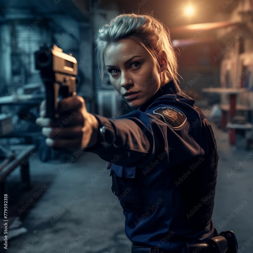 Female police officer in a uniform pointing a gun in the direction of ...