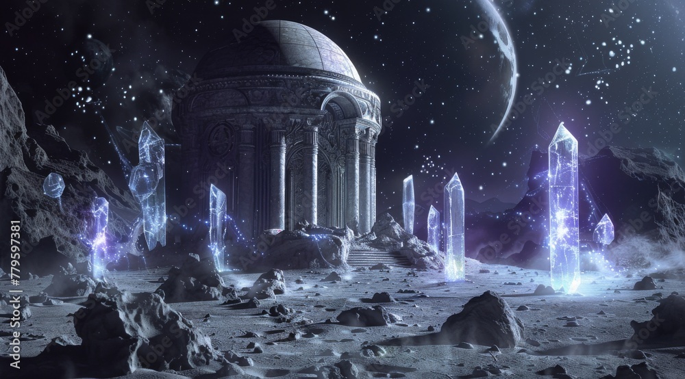 Fantasy crystal temple under celestial sky. A fantastical crystal ...