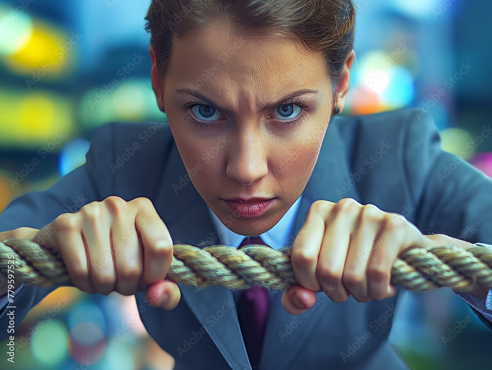 A woman in a suit is holding onto a rope, looking angry and determined ...